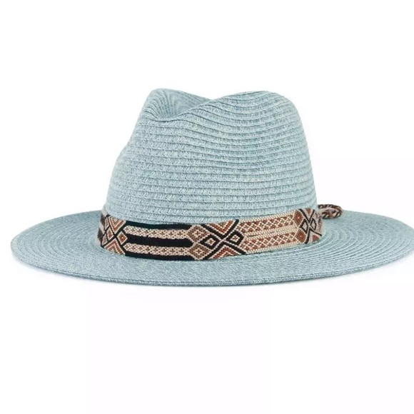 Accessories | Blue Woven Straw Aztec Belted Fedora Hat | Poshmark